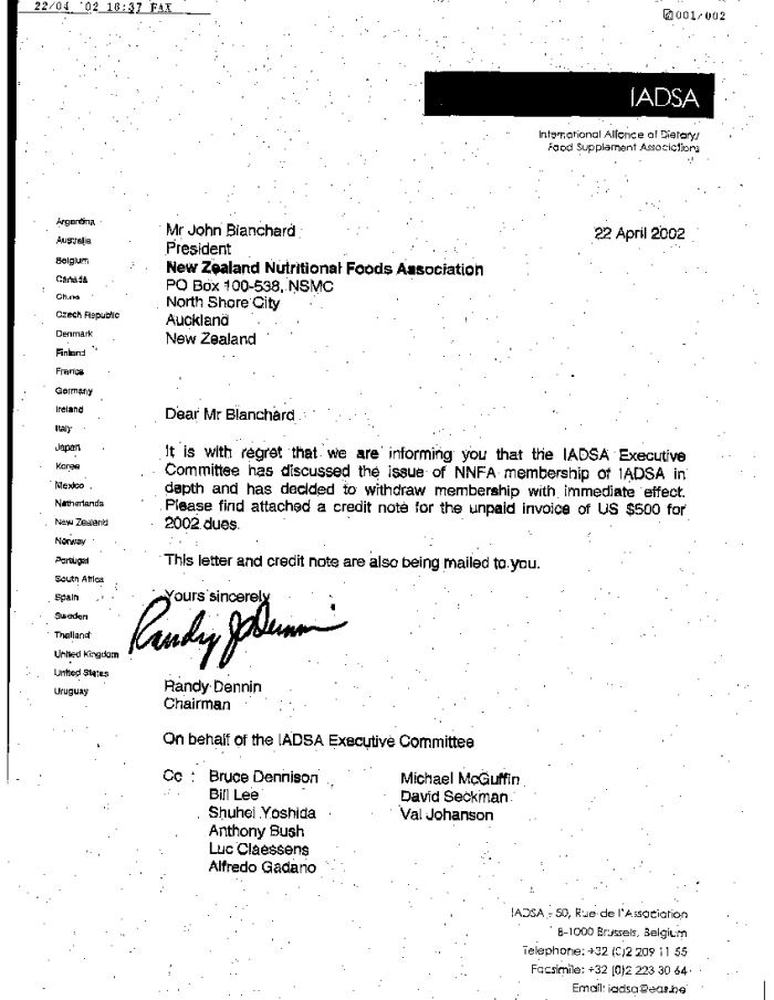Expulsion Letter From Dennin To NNFA New Zealand